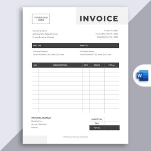 Editable Invoice Template: Professional Microsoft Word Doc (US Letter ...