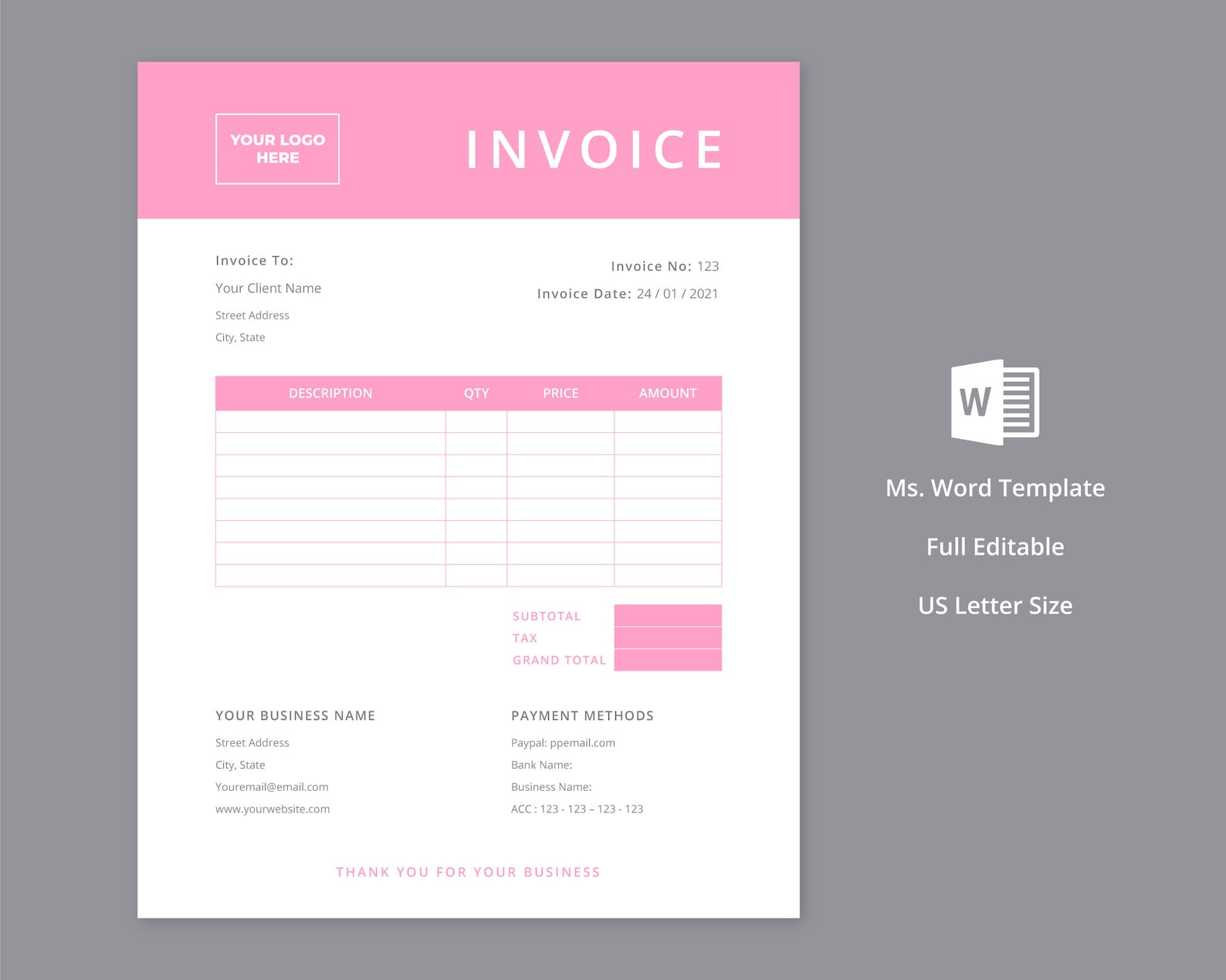 Pink Invoice Template: Editable Printable Form (microsoft Word) - Etsy