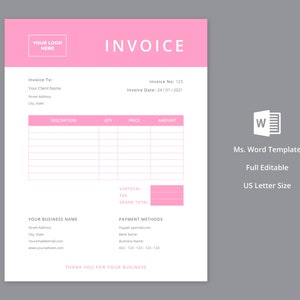 Pink Invoice Template: Editable Printable Form (microsoft Word) - Etsy