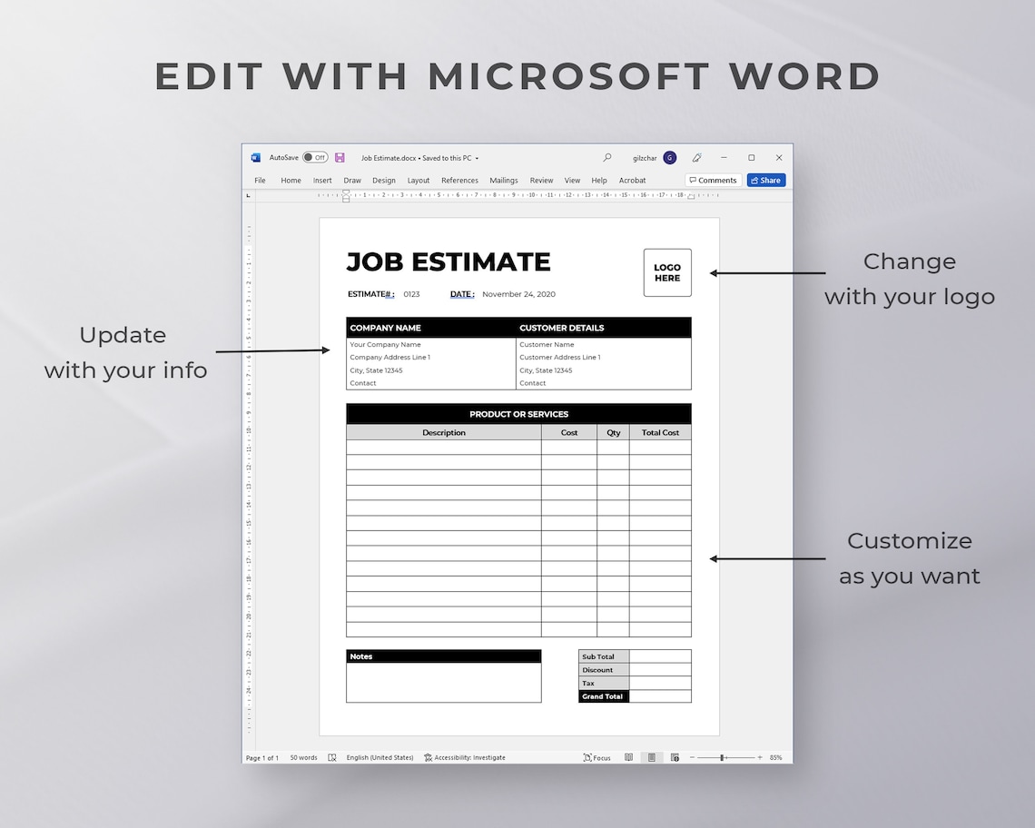 Job Estimate Form Template: Minimalist Design (PDF & Word) - Etsy