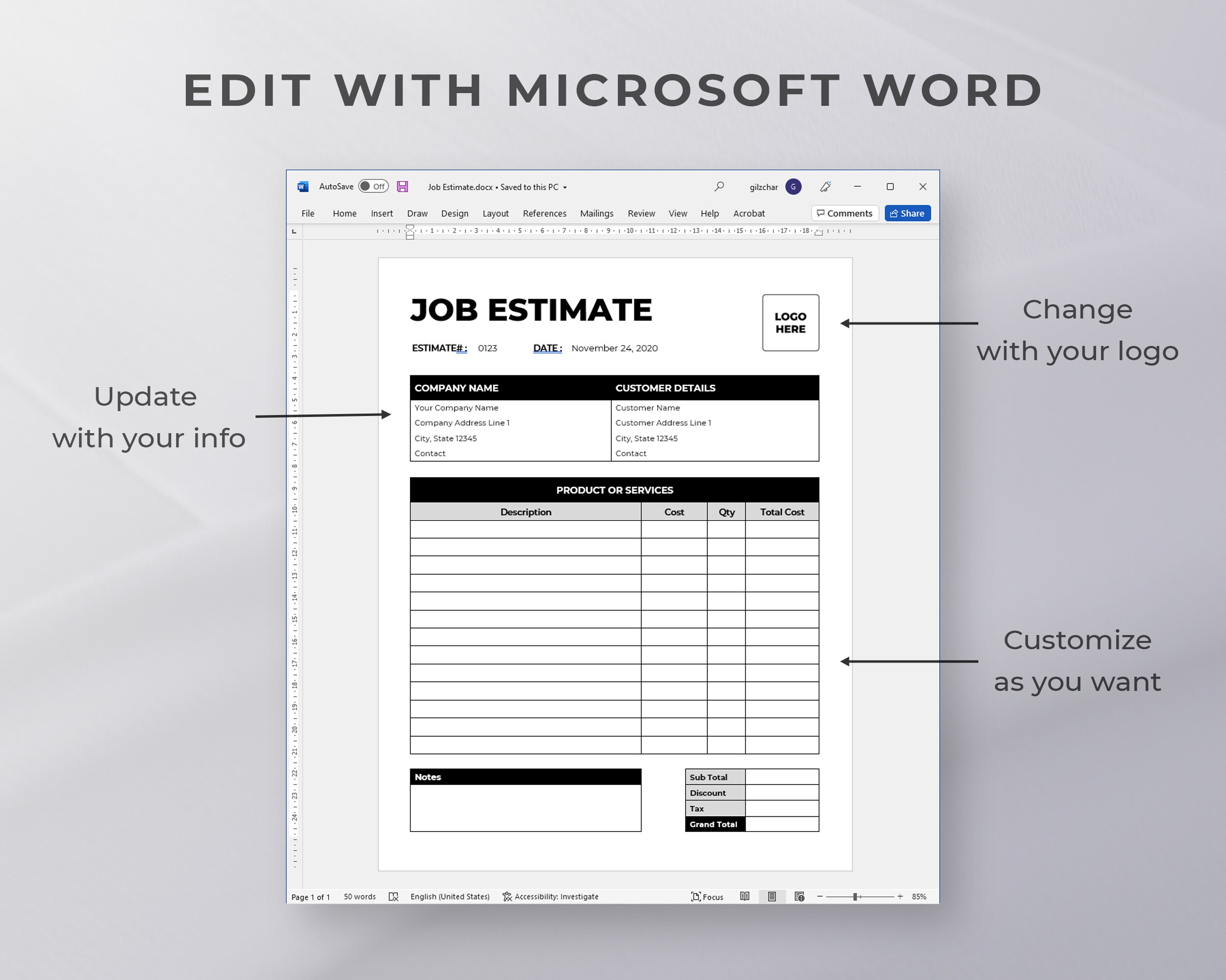 Job Estimate Form Template: Minimalist Design (PDF & Word) - Etsy