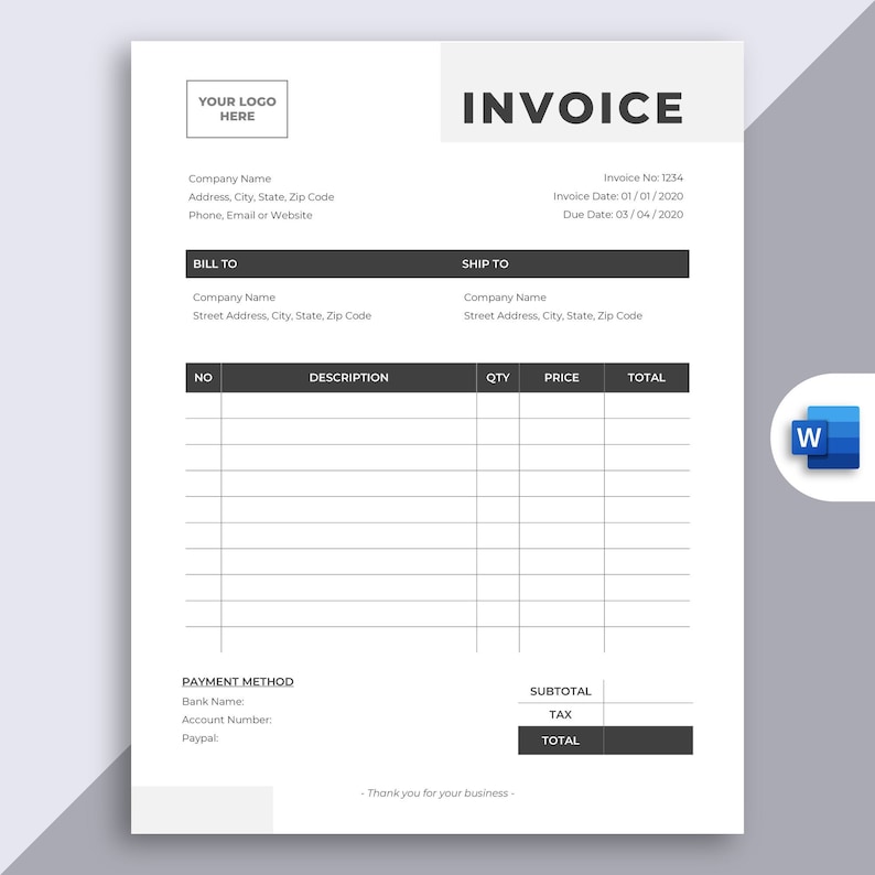 Editable Invoice Template: Professional Microsoft Word Doc (US Letter ...