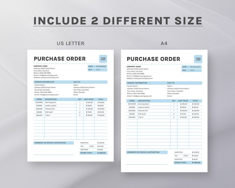Purchase Order Template: Editable Form for Word & Excel - Etsy