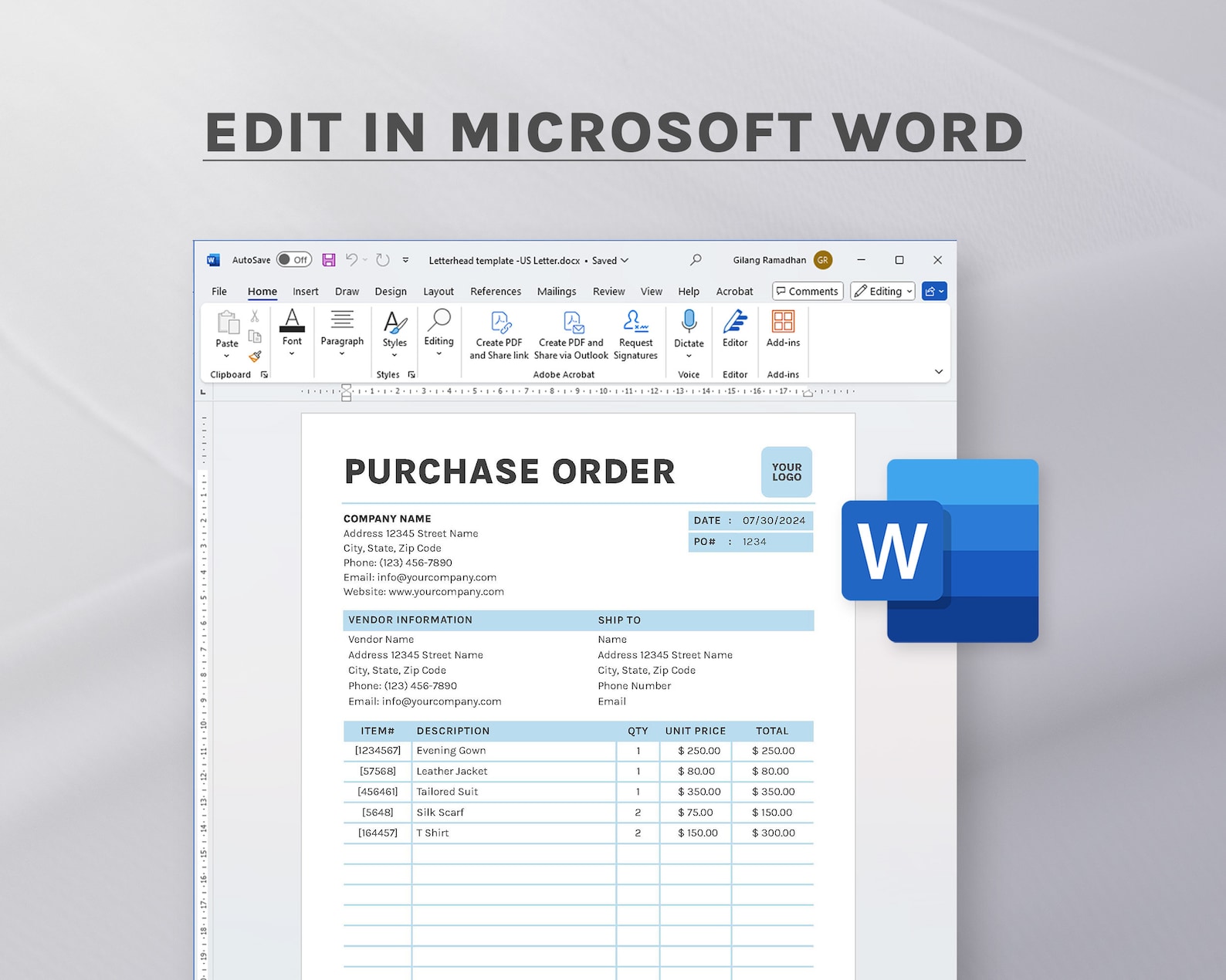 Purchase Order Template: Editable Form for Word & Excel - Etsy