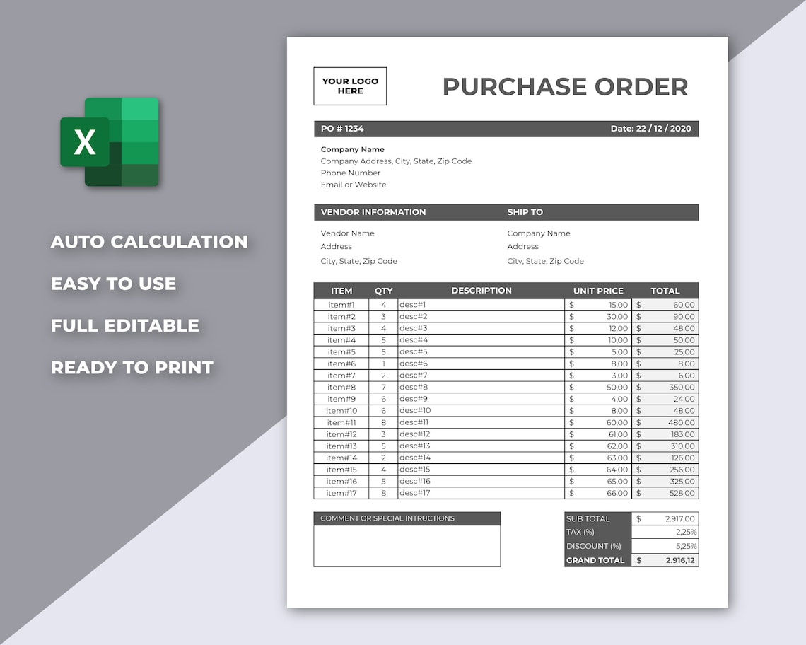Purchase Order Excel Template, Auto Calculation, Editable Invoice ...