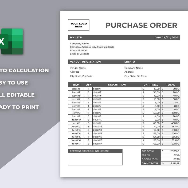 Purchase Order Excel Template - Etsy