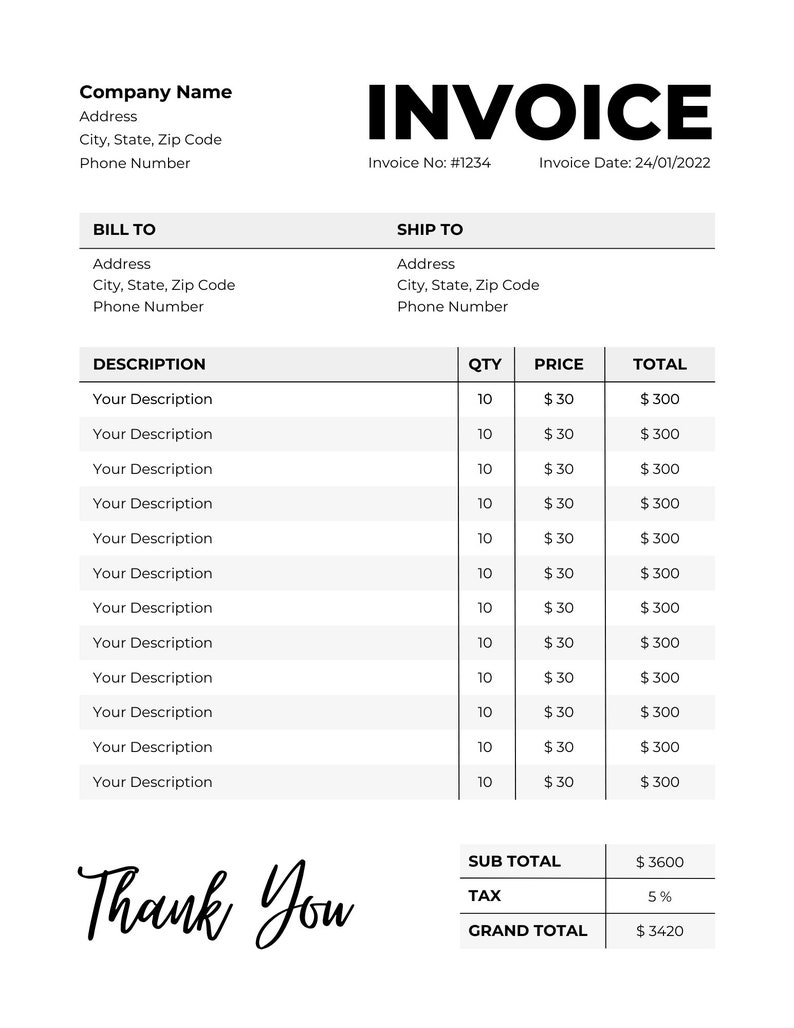 Editable Invoice Template: Modern Minimalist Design (US Letter, Canva ...
