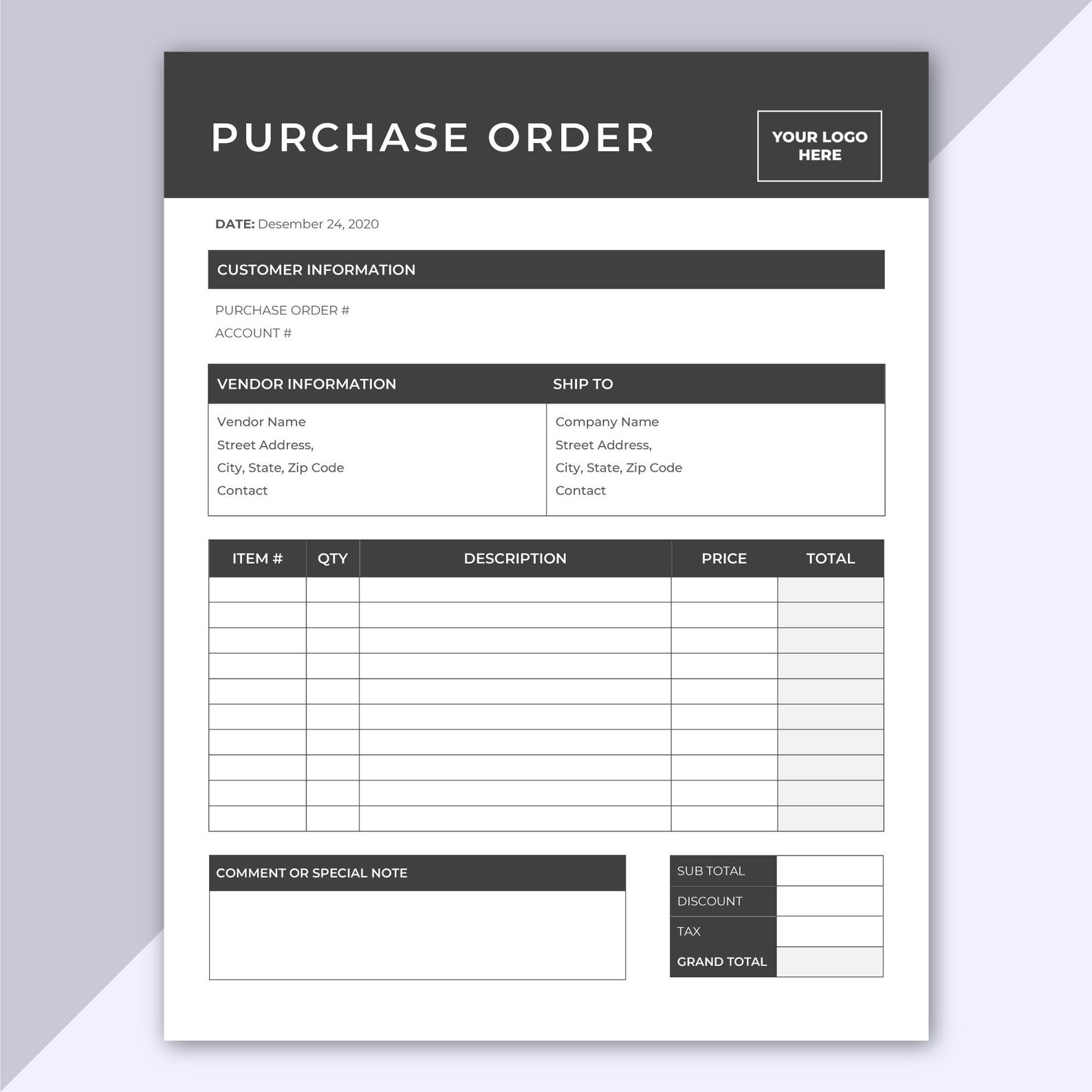Purchase Order Template - Editable Microsoft Word Template - Professional Business Form - Order ...