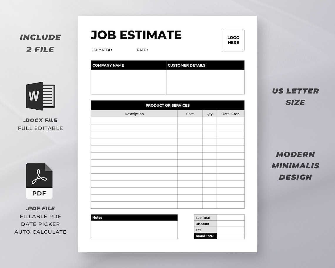 Job Estimate Form Template - Editable Estimate Template - Printable ... Job Estimate Form Template - Editable Estimate Template - Printable ...