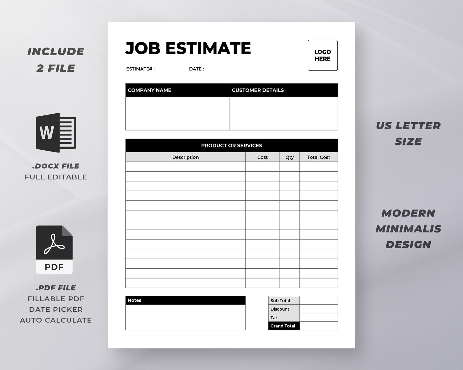 Job Estimate Form Template: Minimalist Design (PDF & Word) - Etsy