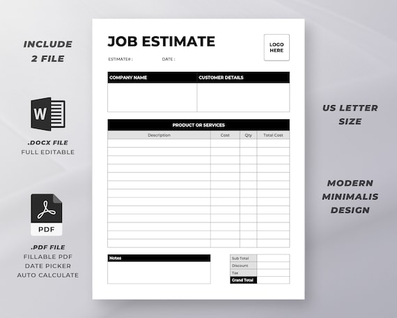 Job Estimate Form Template Editable Estimate Template - Etsy UK