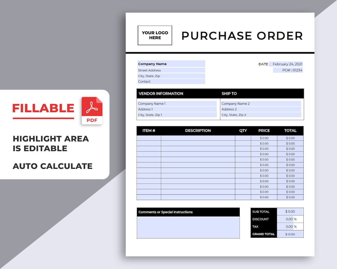 Fillable Purchase Order Template: Professional Business Form (PDF ...