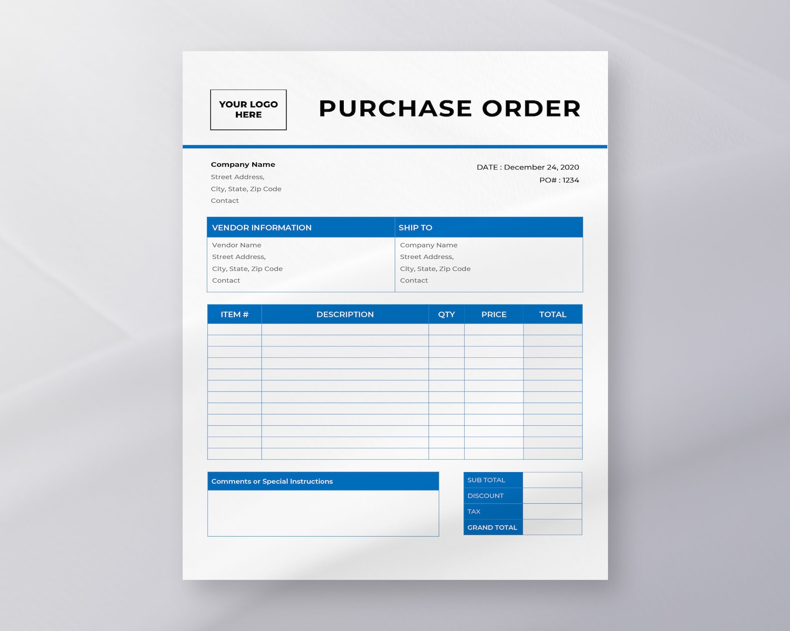 Purchase Order Template - Editable Microsoft Word Template ...