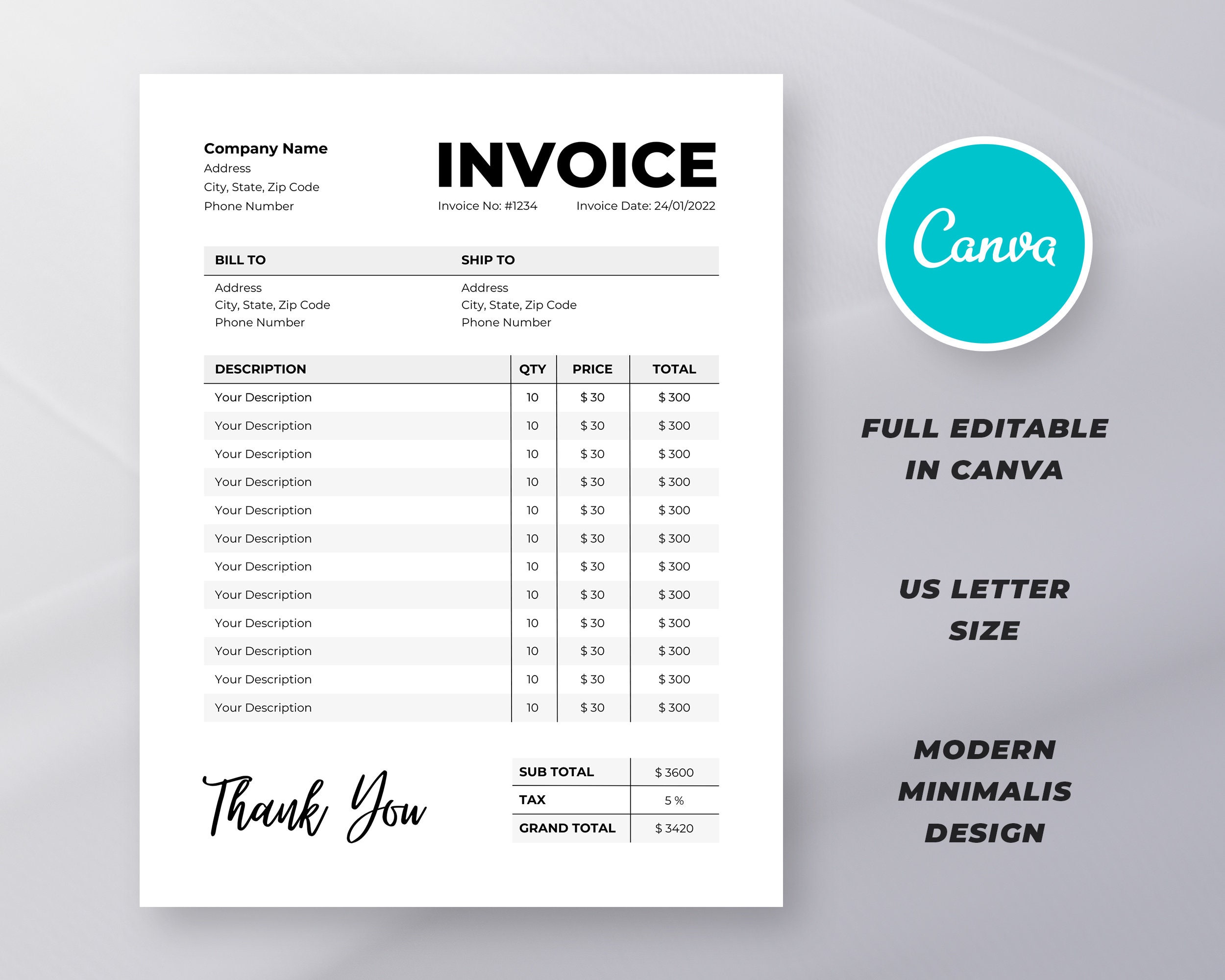 CANVA Invoice Template - Printable Invoice - Editable Invoice - Receipt ...