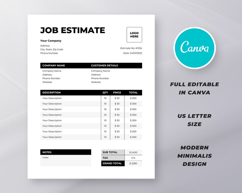 CANVA Job Estimate Form Template Editable Estimate Template Etsy UK CANVA Job Estimate Form Template Editable Estimate Template Etsy UK