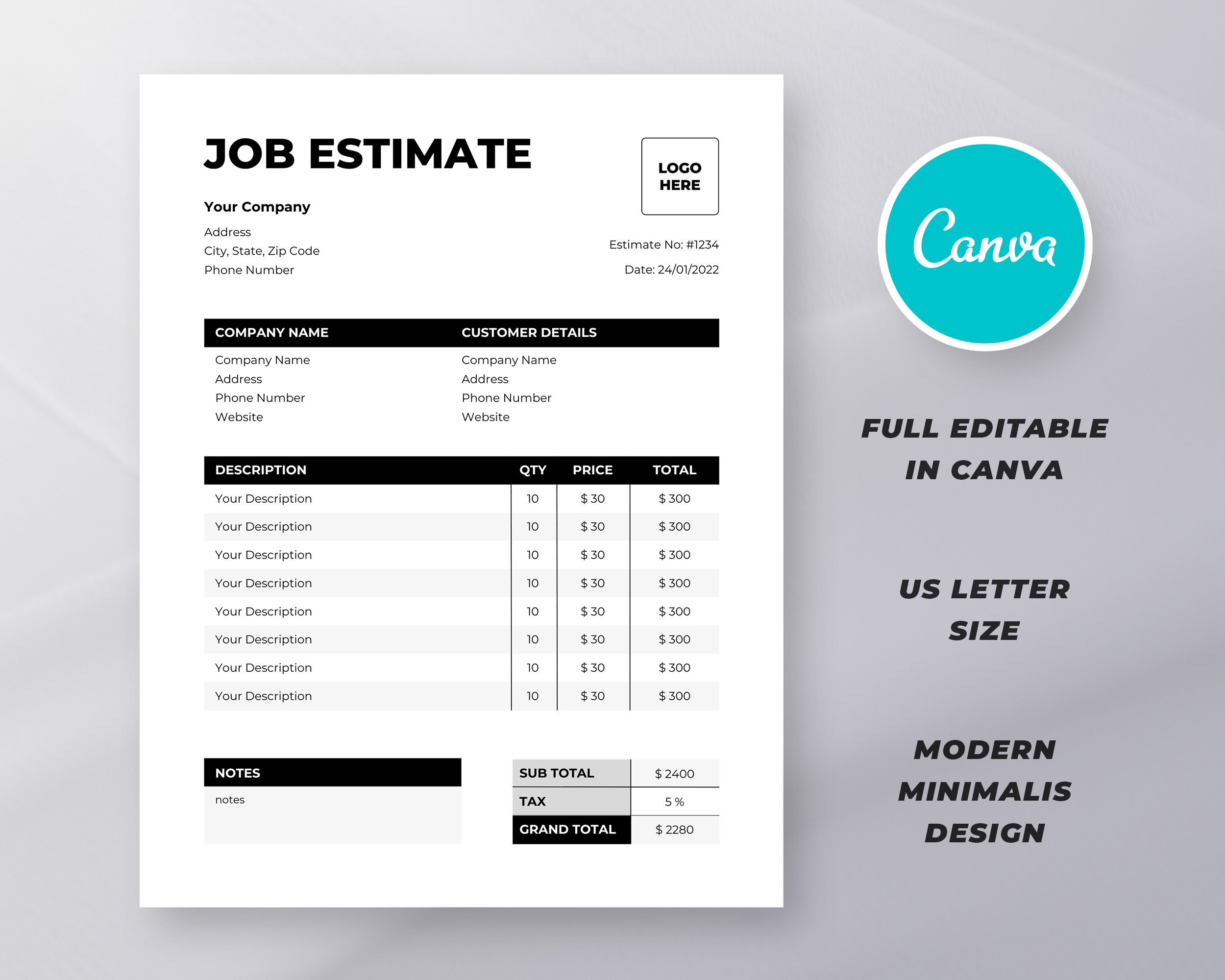 Editable Job Estimate Form Template: Modern Minimalist Design (canva ...