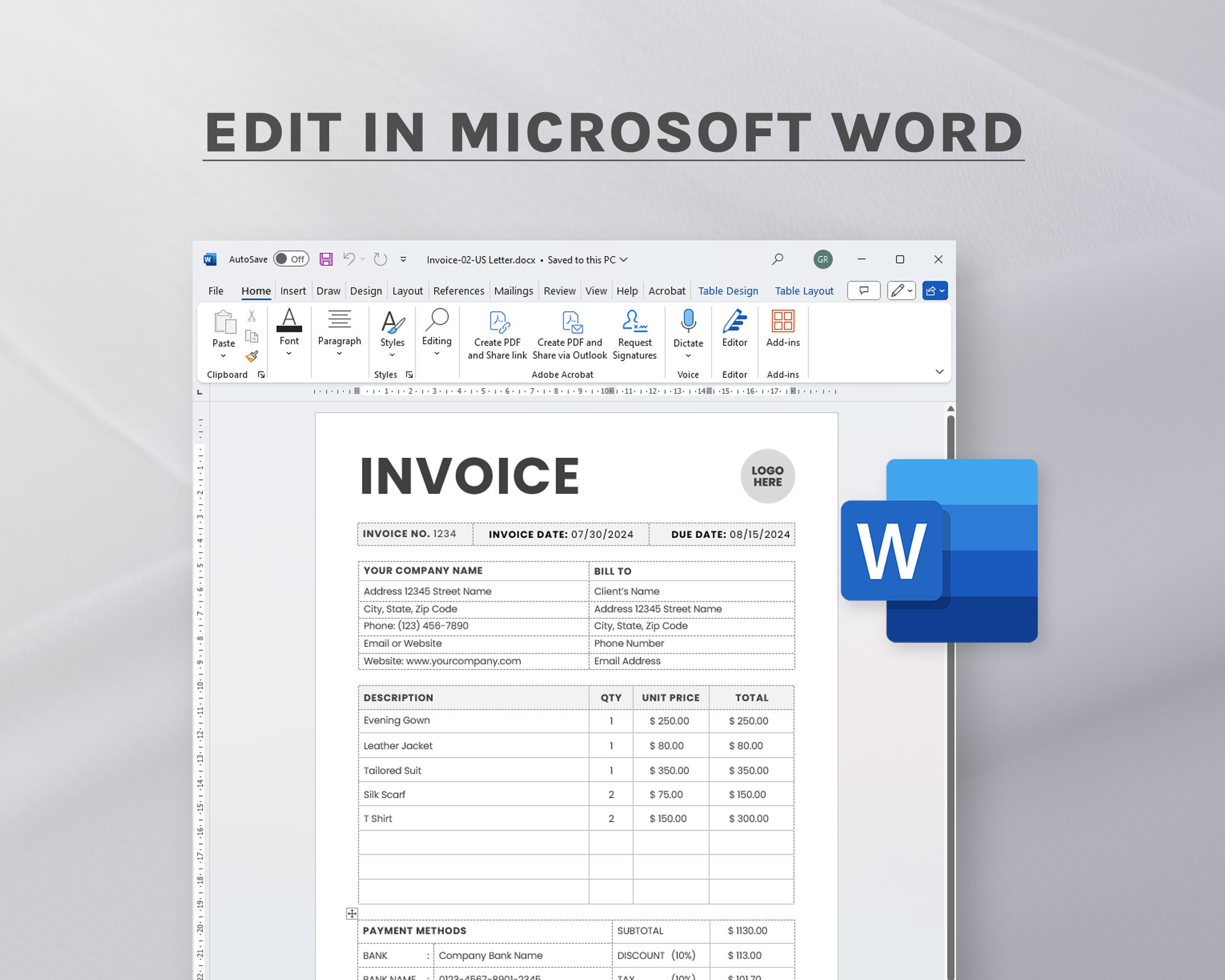 Professional Invoice Template | Editable Word & Excel Format ...