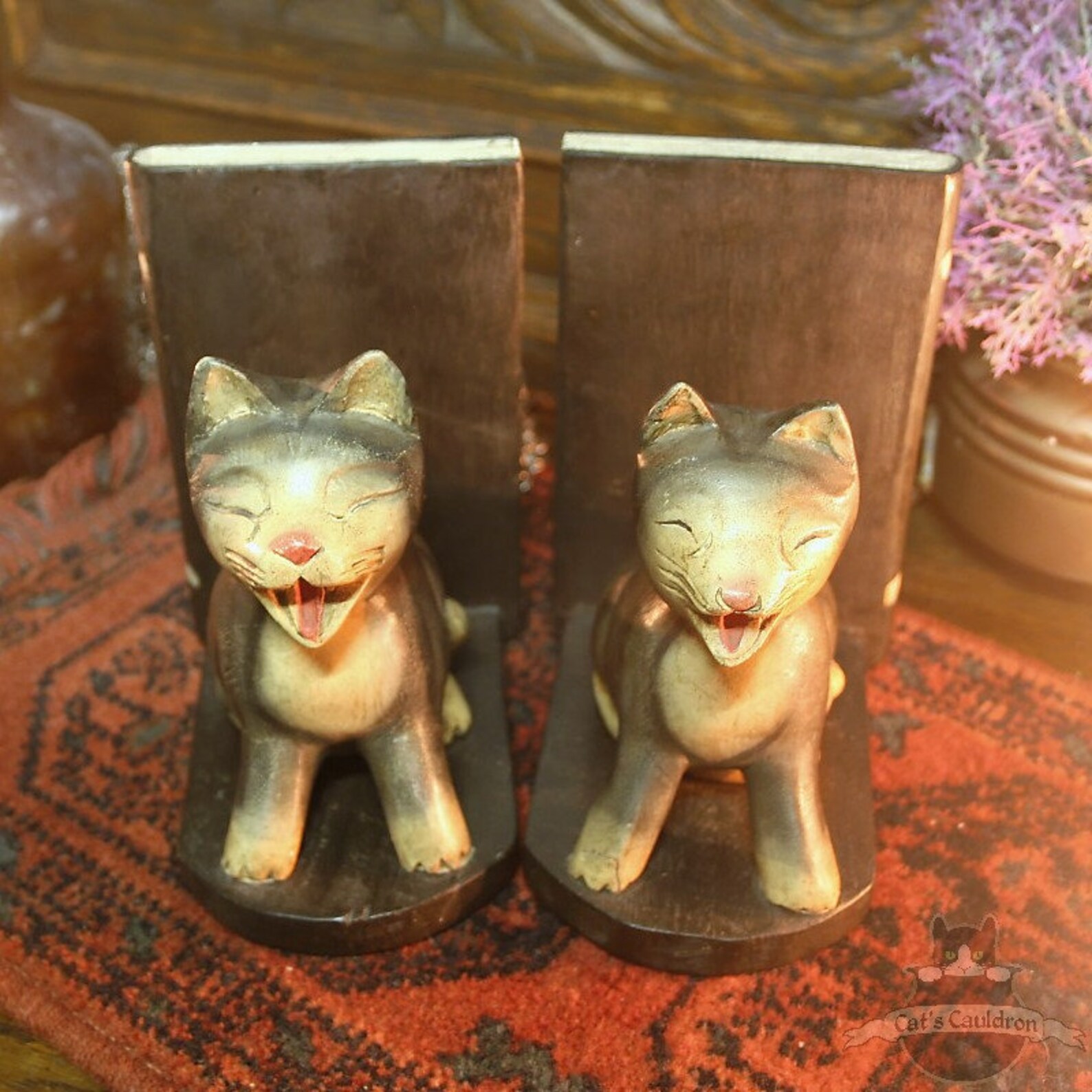 Cat Bookends Wooden Carved Cats Bookstand Figure | Etsy