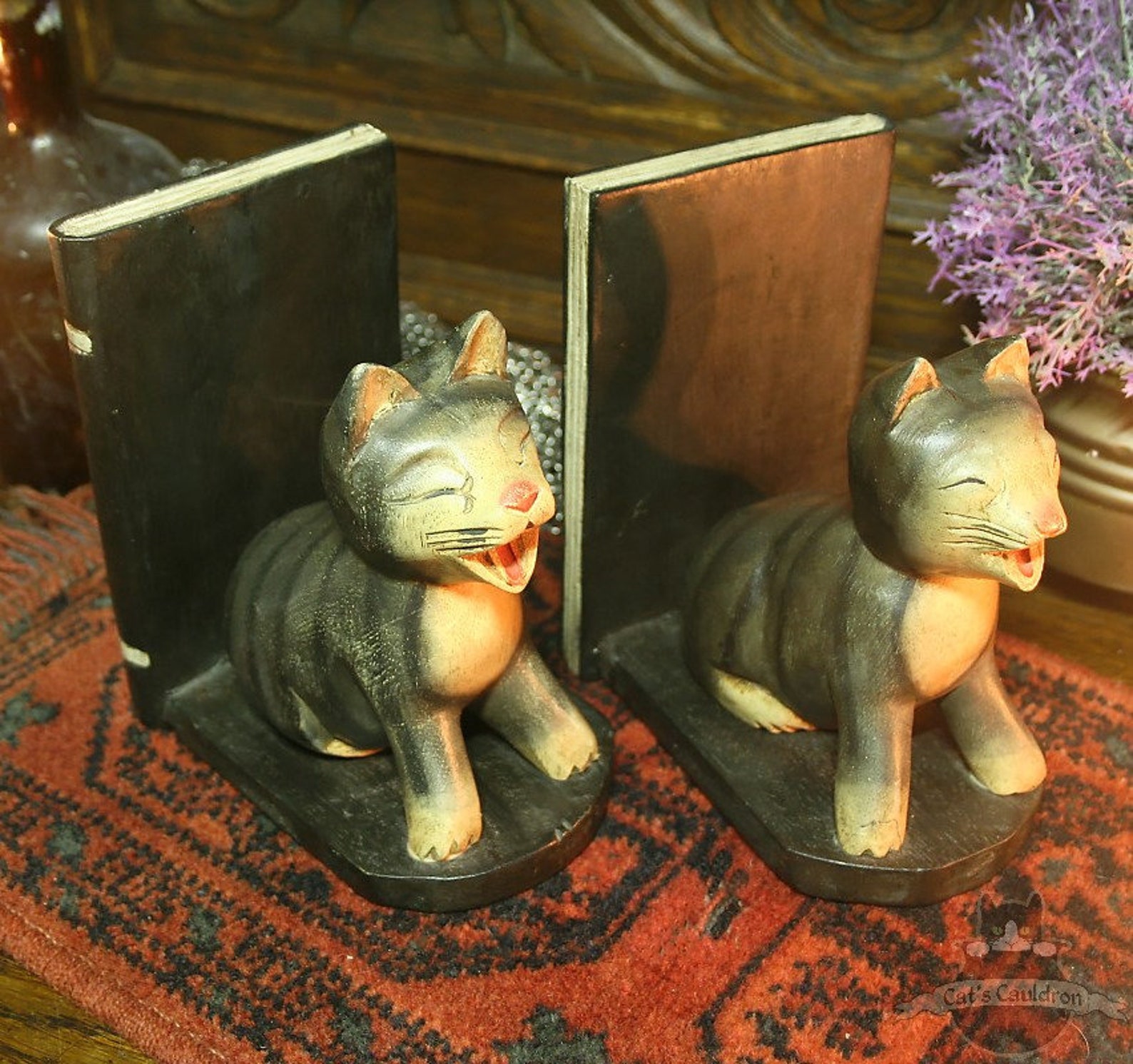 Cat Bookends Wooden Carved Cats Bookstand Figure - Etsy