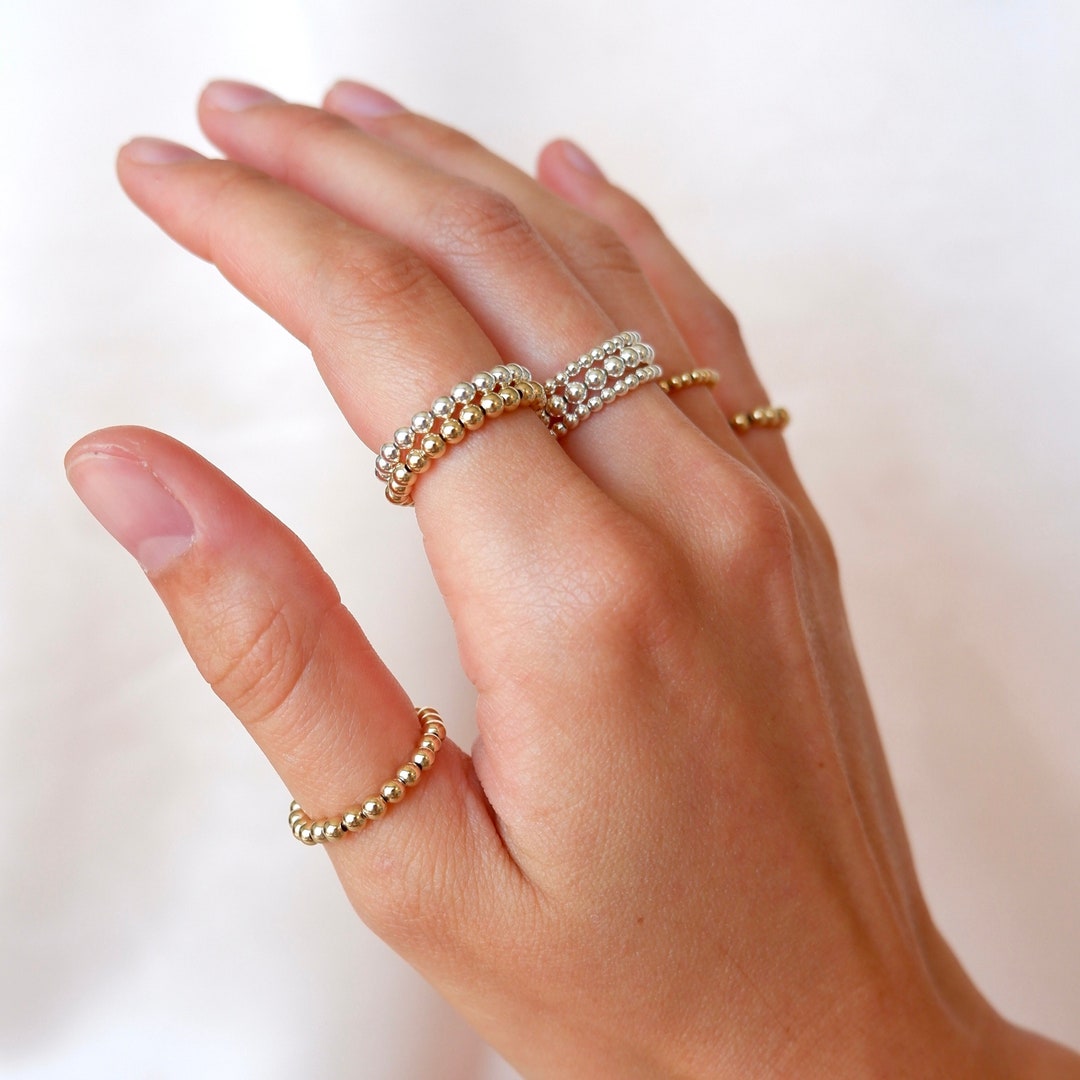 14k Gold Filled & Sterling Silver Beaded Elastic Stretchy Rings ...