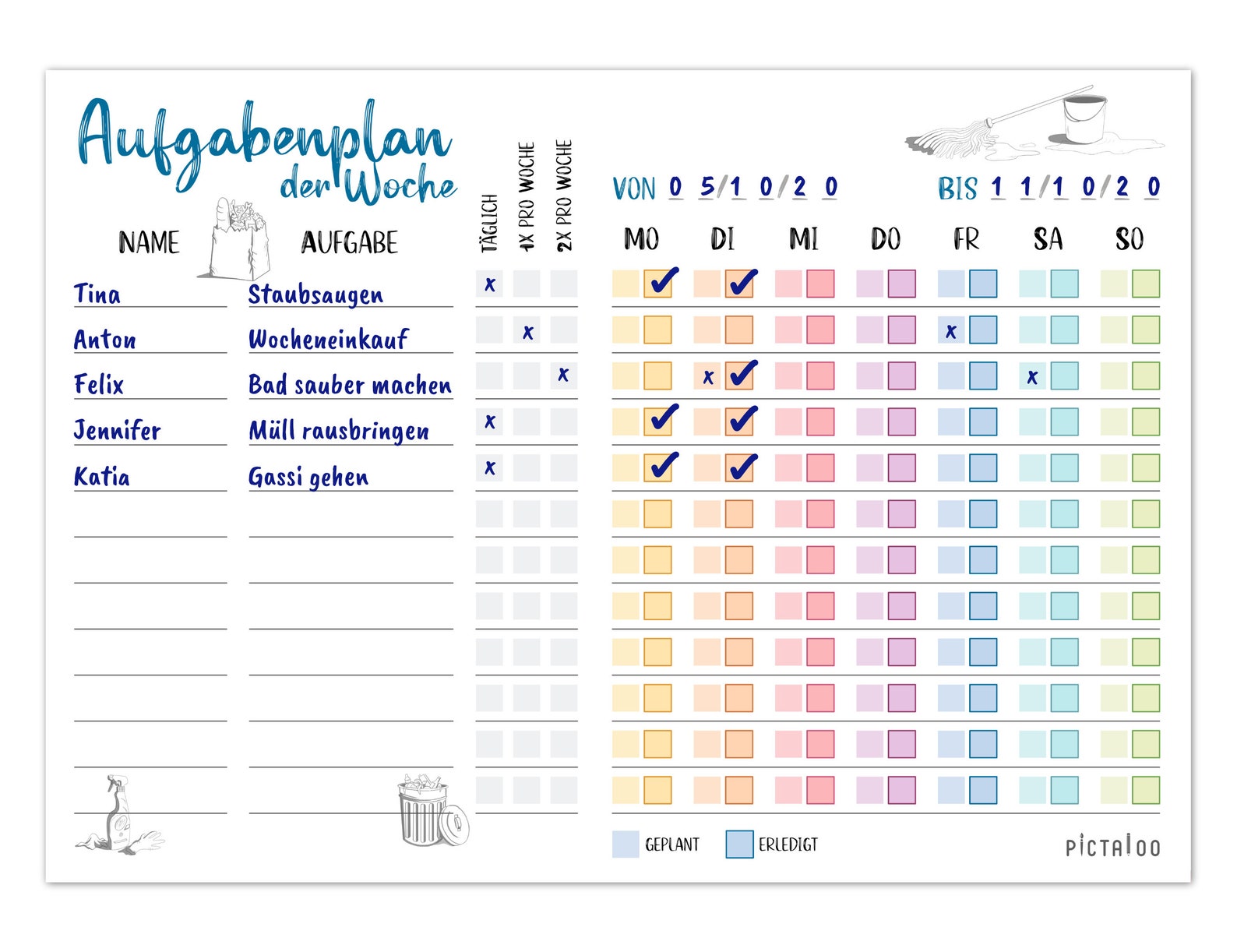 Haushaltsplaner Familie mit Aufgaben, Aufgabenplaner Kinder, Putzplan ...