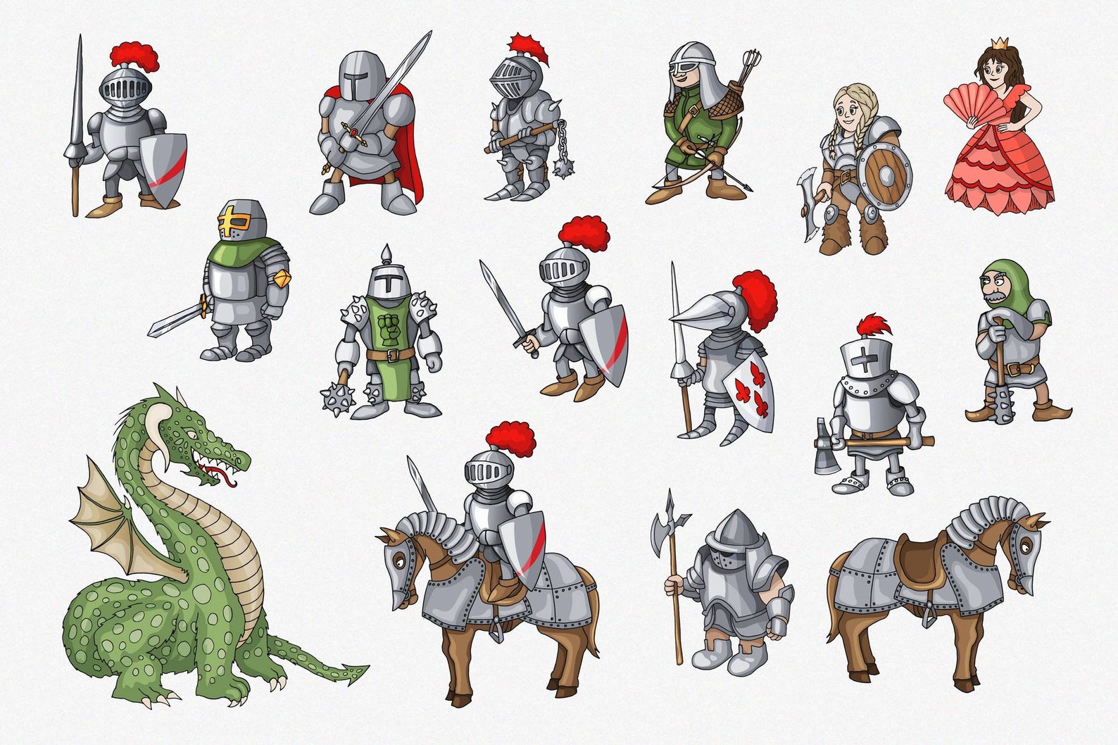 Hand drawn knight characters set with colored and blank | Etsy