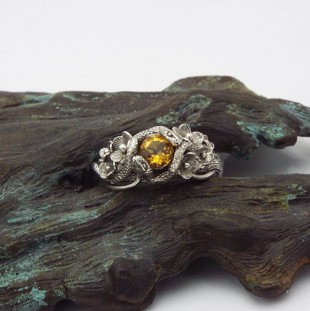 Citrine Snake and Flower Ring, Nature Inspired Ring, Magical Garden ...
