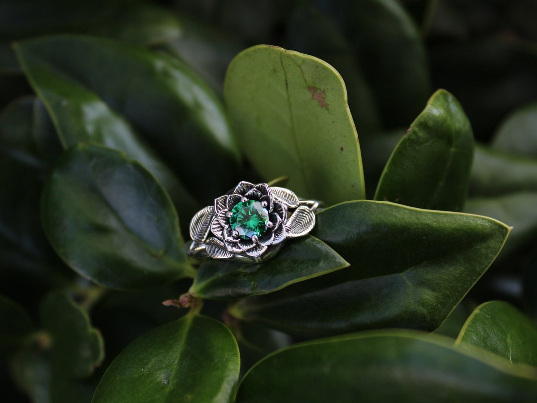 Radiant Bloom, Sterling Silver Green CZ Lotus Ring, Nature Inspired ...