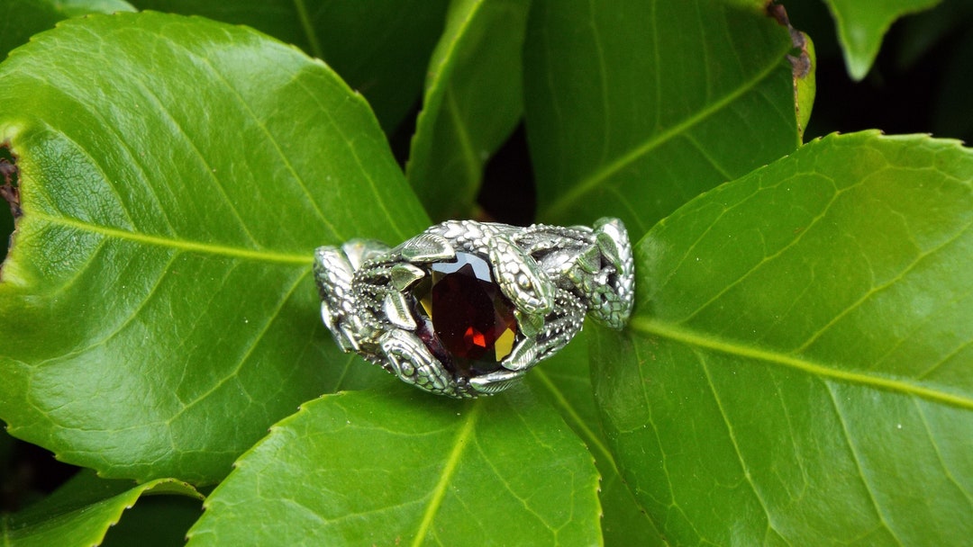Garnet Snake and Thorn Ring, Silver Nature Inspired Ring, Witchy Snake ...