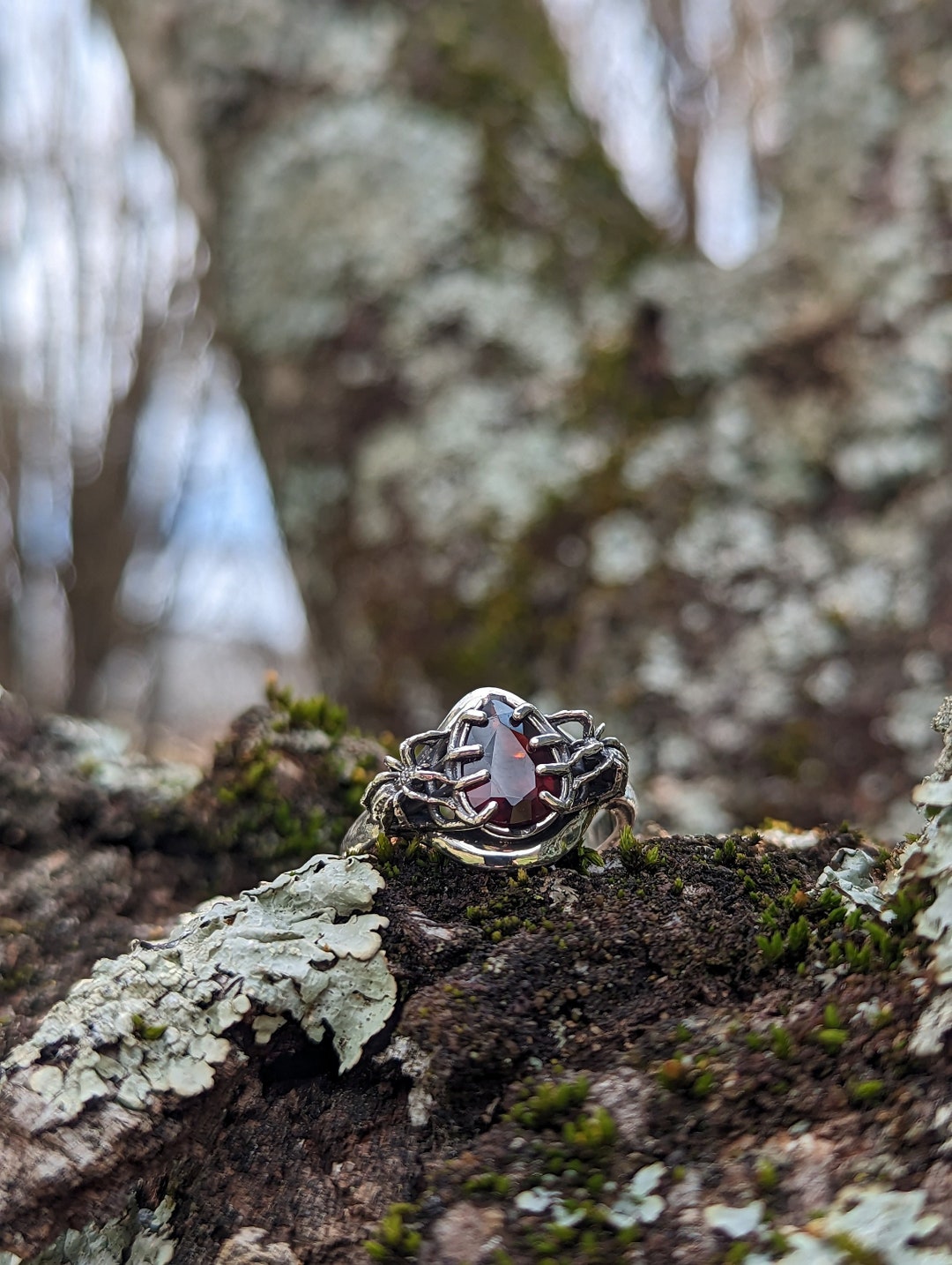Garnet Teardrop of the Spider Ring, Silver Spider Ring, Spider Goth ...