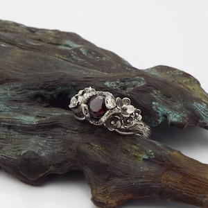 Garnet Snake and Flower Ring, Nature Inspired Ring, Magical Garden Ring ...