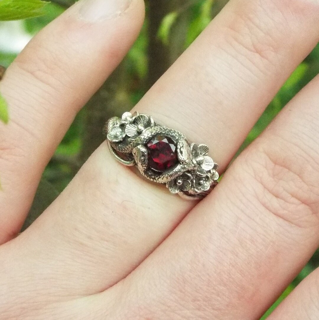 Garnet Snake and Flower Ring, Nature Inspired Ring, Magical Garden Ring ...