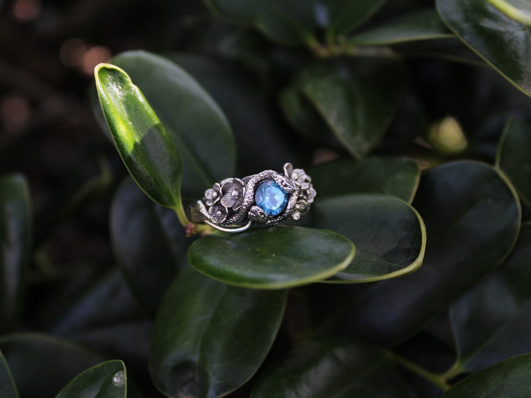 Blue Topaz Snake and Flower Ring, Magical Garden Ring, Sterling Silver ...