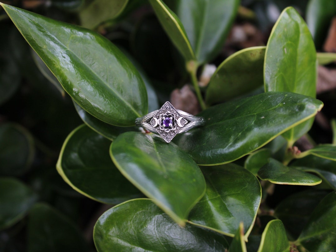 Lunar Bloom, Amethyst Lotus Engagement Ring, Sterling Silver Nature Inspired Ring, Unique Elven ...
