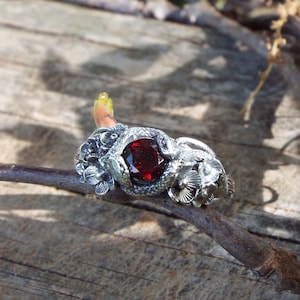 Garnet Snake and Flower Ring, Nature Inspired Ring, Magical Garden Ring ...