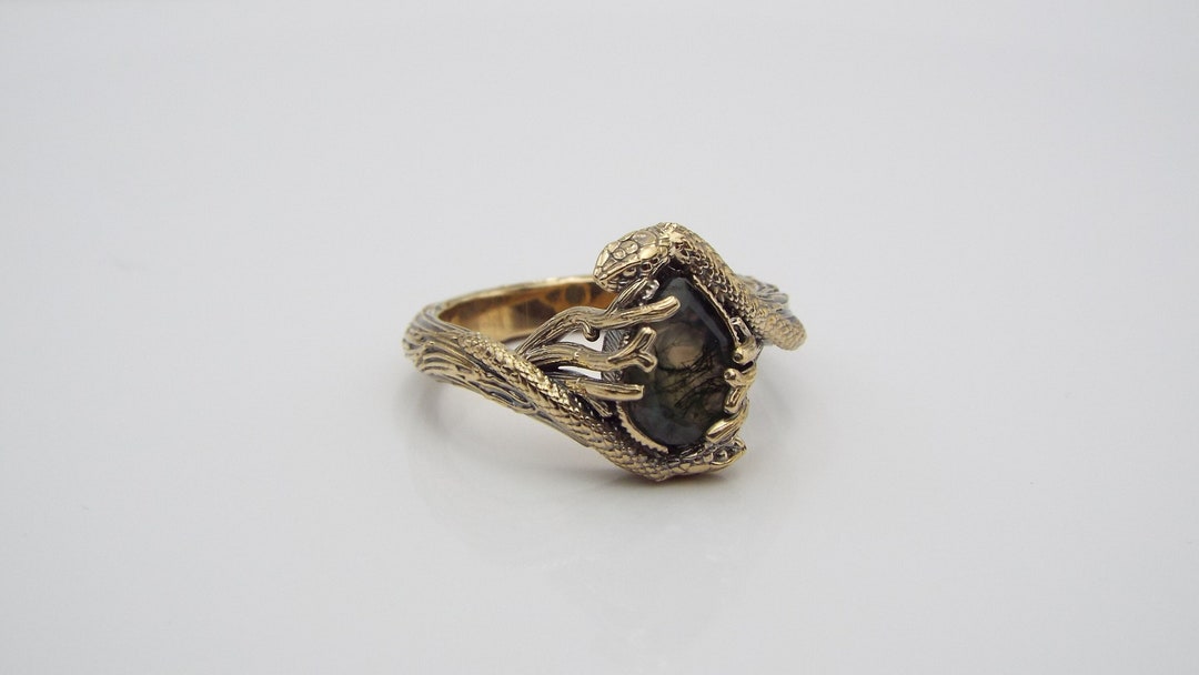 Teardrop Moss Agate Golden Snake Ring, Nature-inspired Ring, Magical ...
