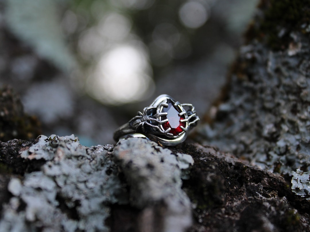 Garnet Teardrop of the Spider Ring, Silver Spider Ring, Spider Goth ...