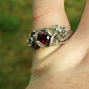 Garnet Snake and Flower Ring, Nature Inspired Ring, Magical Garden Ring ...