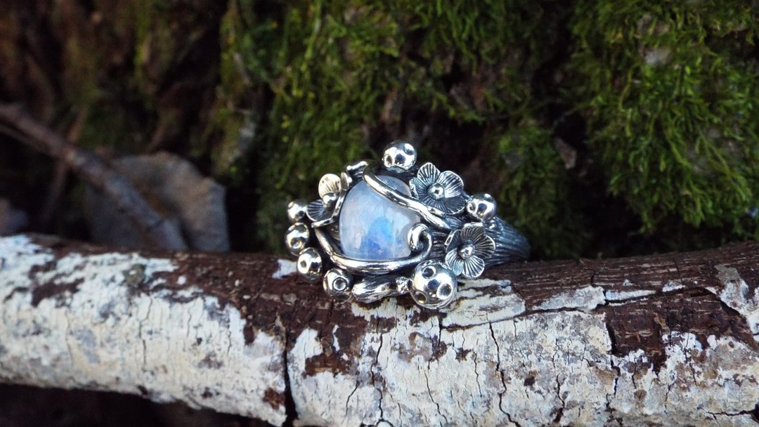 Mystical Moonstone Mushroom and Flower Silver Ring - Secret Snail ...