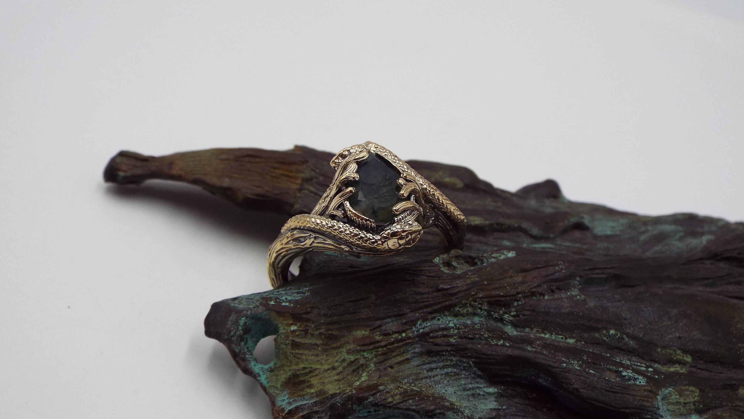 Teardrop Moss Agate Golden Snake Ring, Nature-inspired Ring, Magical ...