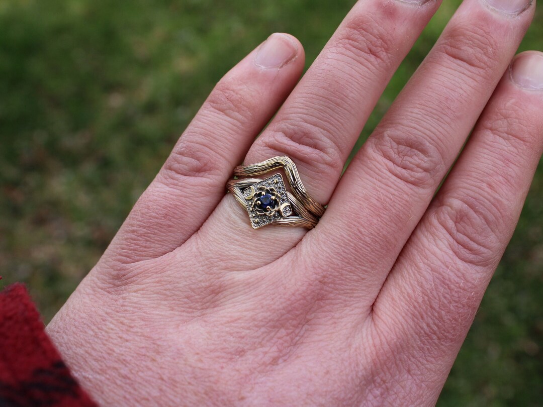 Lunar Bloom, Sapphire Lotus Bridal Set, 14k Gold Nature Inspired Ring ...