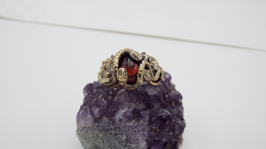 Golden Garden Stroll, Nature Inspired Snake Ring, 14k Gold Garnet Snake ...