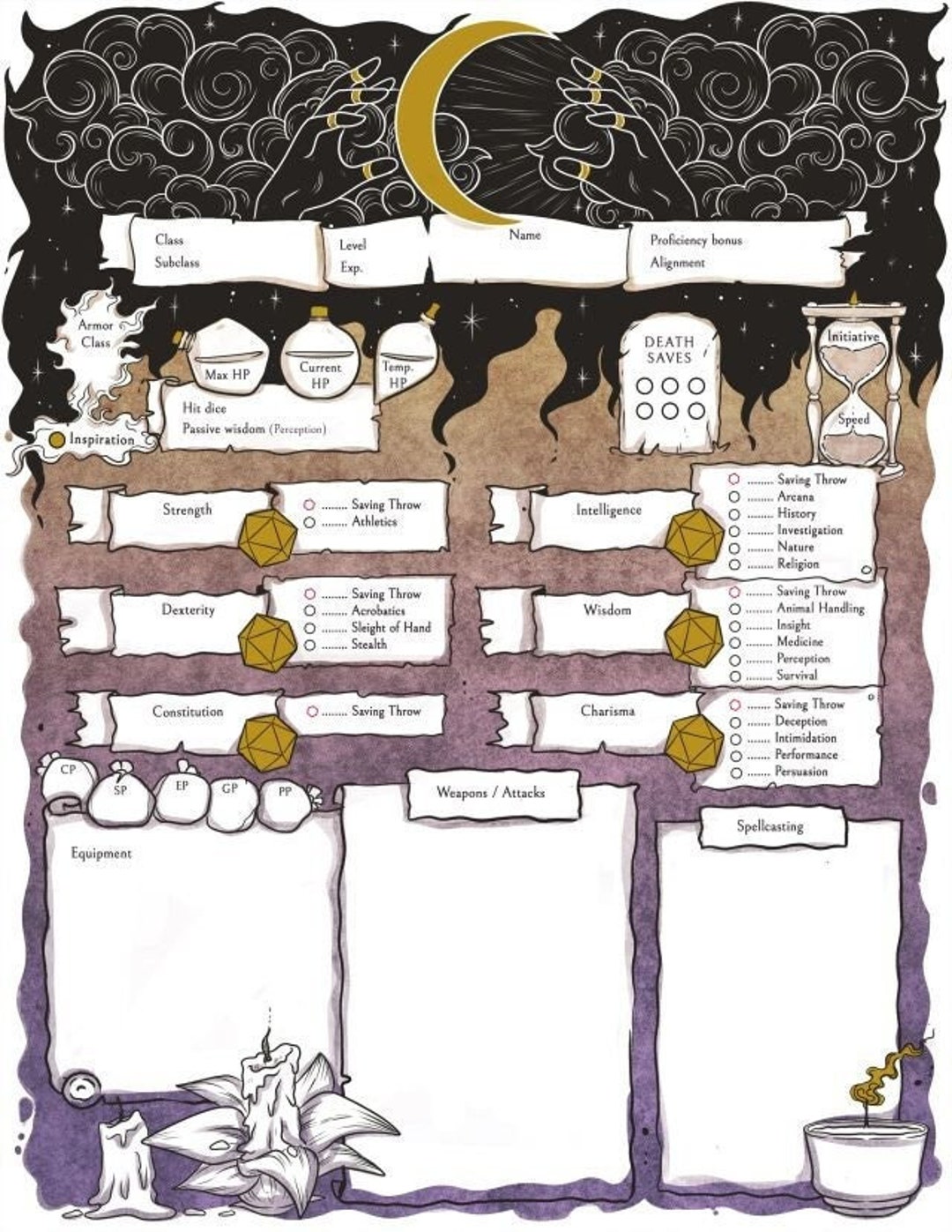 D&D Character Sheets Printable Dnd 5e Character Sheets Moon Theme ...
