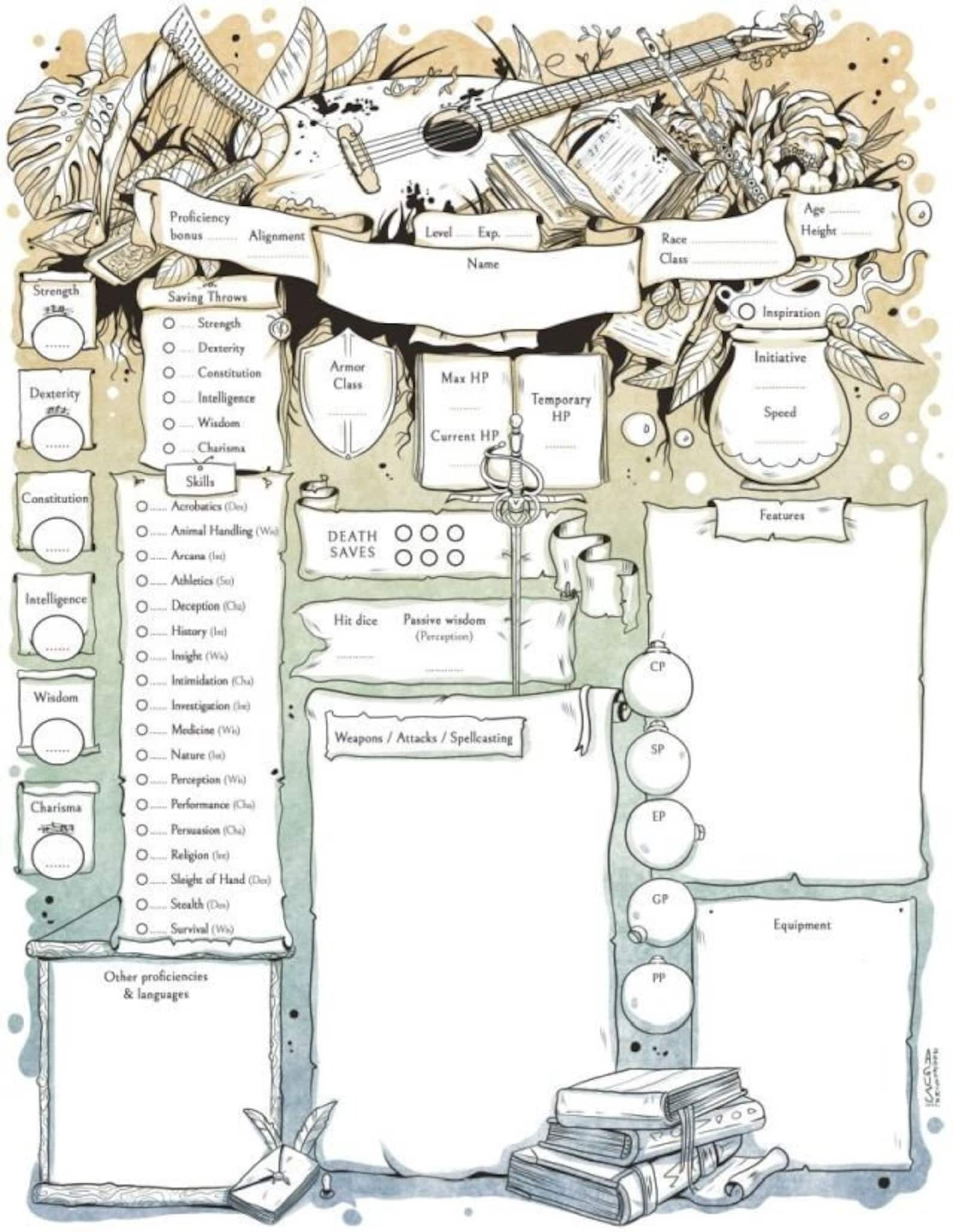 Printable D&D 5e Bard Character Sheets: Music Theme (digital Download ...