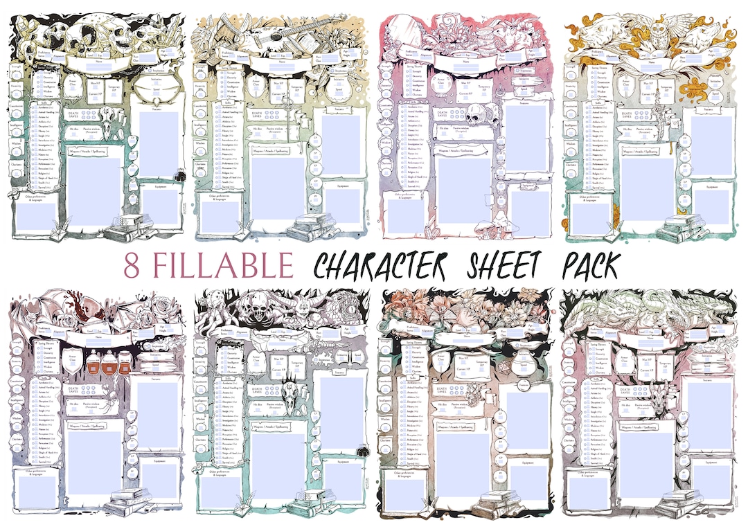 Dnd Character Sheet Pack 8 Fillable Custom Character Sheets With ...