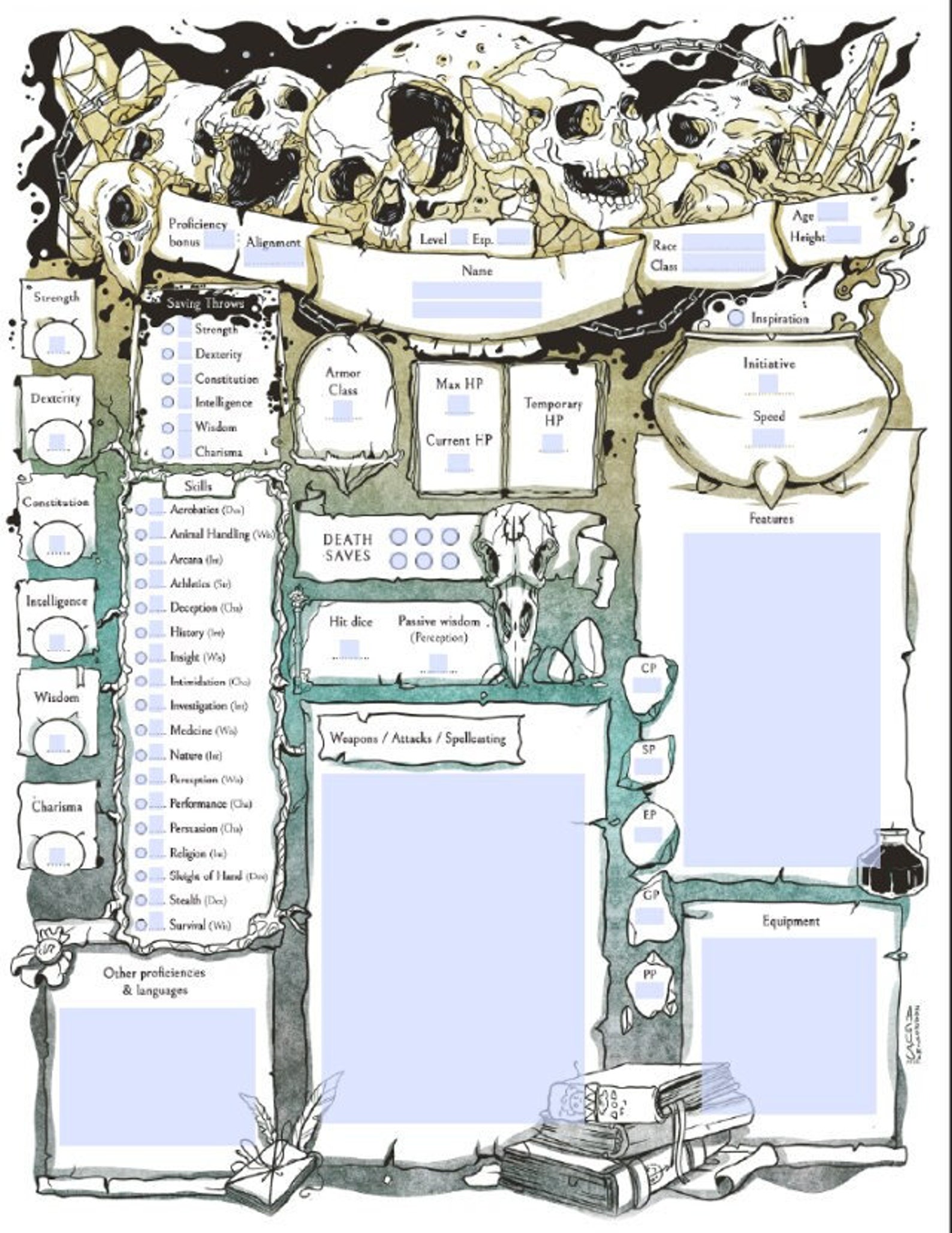 D&D 5e Character Sheets - Form Fillable Sheets | Custom Death Design ...