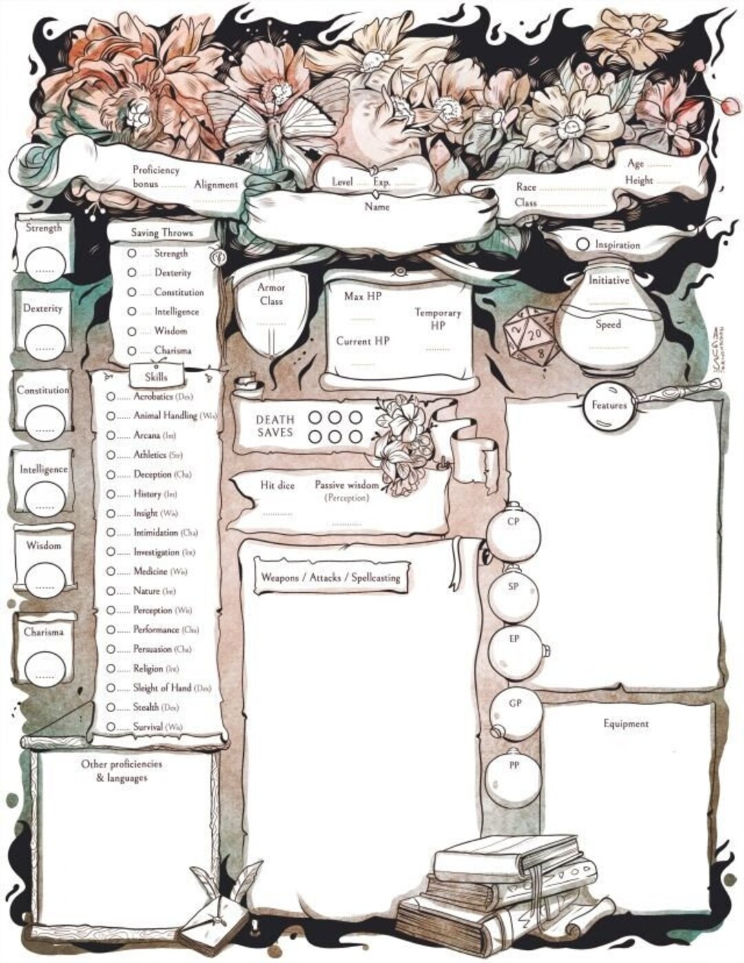 Dnd Character Sheet Flowers Printable Character Sheets Custom Character ...