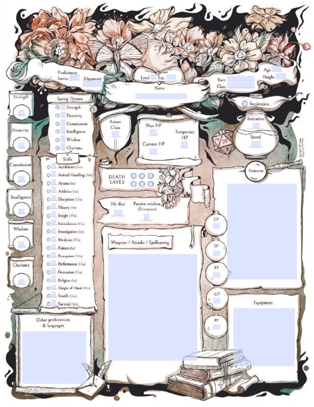 Fillable D&D Character Sheets Flowers Custom Character Sheets Floral ...