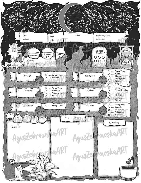 Selune Moon D&D Character Sheets: Printable Dnd 5e (6 Pages) - Etsy