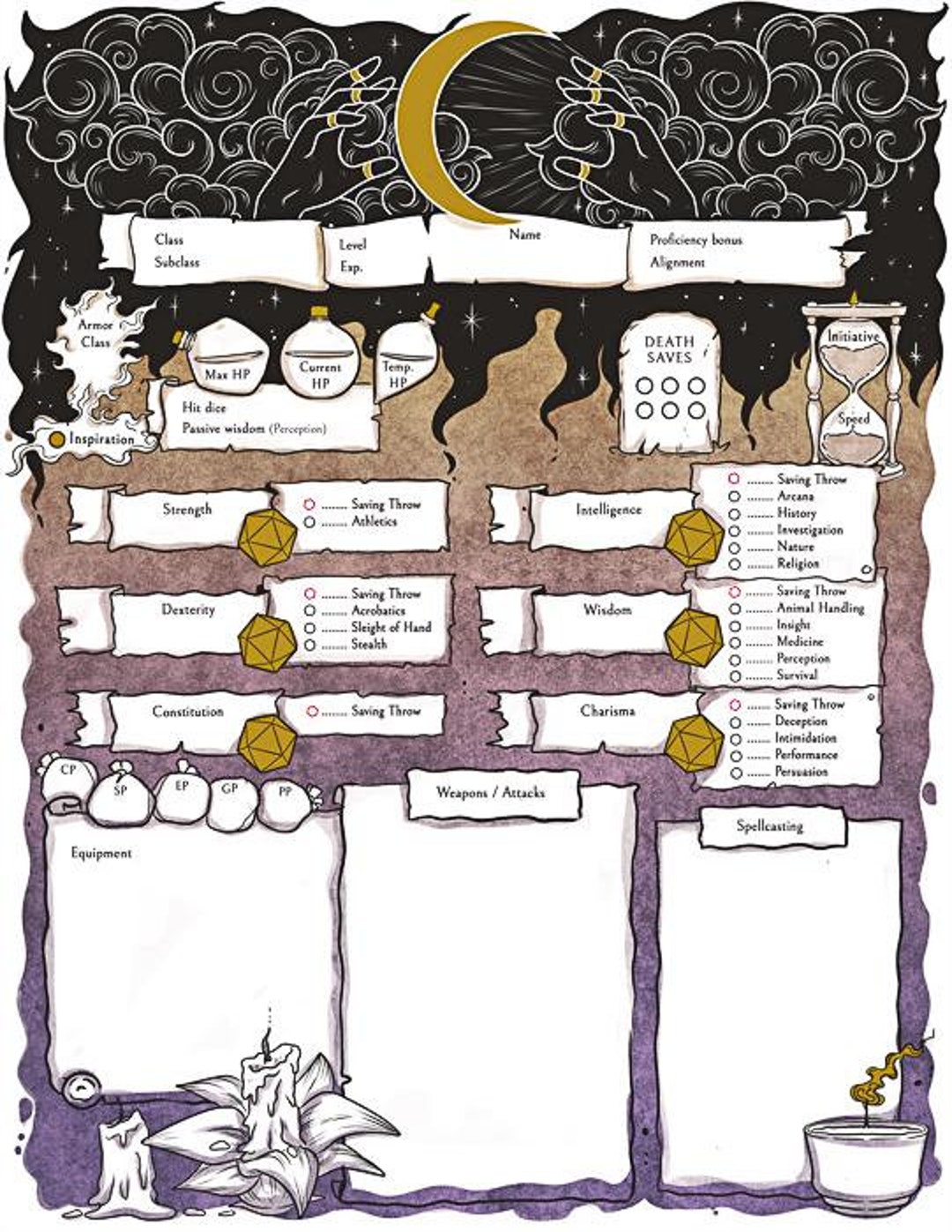 6 PAGES D&D Character Sheets | Printable Dnd 5e Character Sheets Moon ...